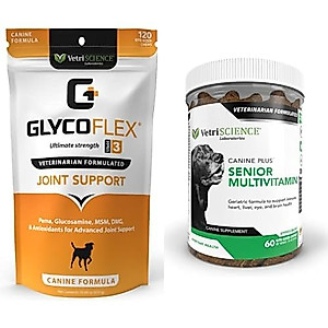 VetriScience Glycoflex 3 Clinically Proven Hip and Joint Supplement for Dogs, 120 Chews & Canine Plus MultiVitamin for Senior Dogs, 60 Chews