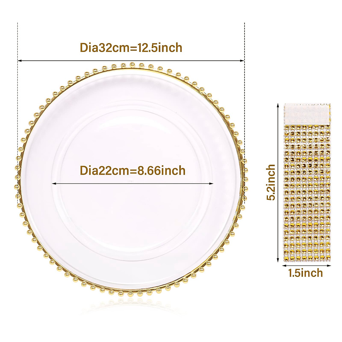 mwellewm Charger Plates Set of 12 and 24 Pack Napkin Rings, Acrylic Gold Beaded Clear 13 Inch Chargers for Dinner Serving Plates Decor Wedding, Party, Decoration