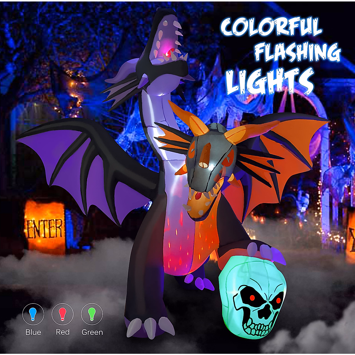 BLOWOUT FUN 8.3FT Long 7FT Tall Inflatable Halloween Giant Fire & Ice Twin-Headed Dragon Decoration, Flash LED Blow Up Lighted Clearance Decor Indoor Outdoor Holiday Art Decor Decorations