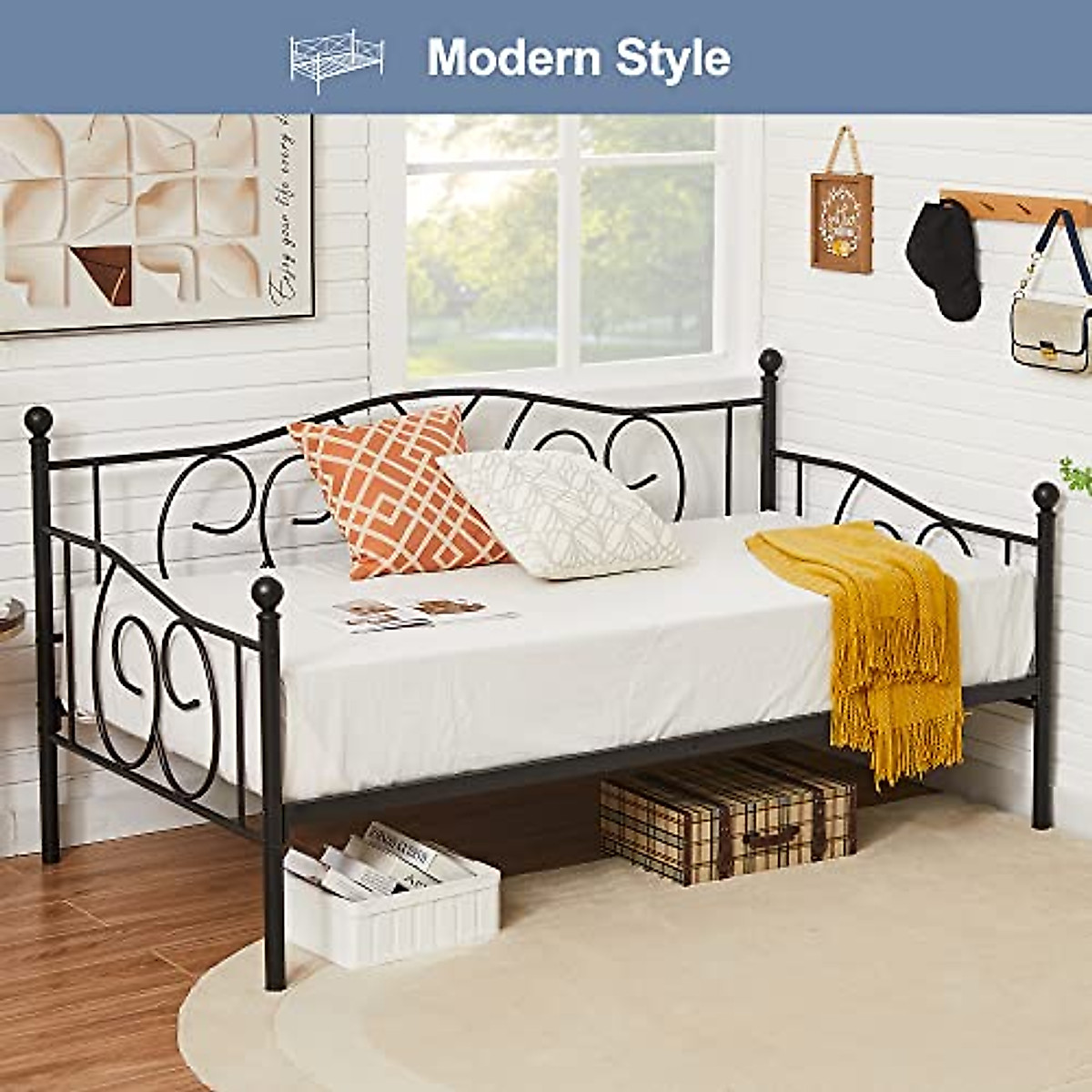 VECELO Metal Daybed Frame Multifunctional Platform Bed Sofa Mattress Foundation with Deluxe Headboard, Twin, Black