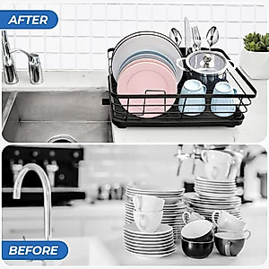 Ecomerr Dish Drying Rack for Kitchen Counter and Tabletop-Rust Proof Stainless Steel Dish Drainer with Drying Board and Removable Utensil Holder-Black Dish Rack with Drainboard 15.5”x11.4”x5.3”