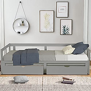 May in Color Extendable Twin to King Daybed, Wood Beds Frames with Pull Out Trundle&Storage Drawers, Sofa Day Bed Frame Twin Size Bed No Box Spring Needed for Children, Girls, Boys (Grey)