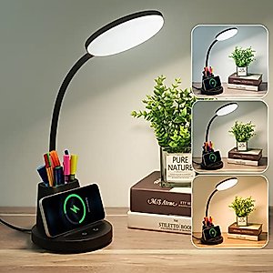 Vicsoon LED Desk Lamp with Wireless Charger, Desk Lamp for Home Office with Pen Phone Holder, Flexible Arm Dimmable 3 Color Modes Eye Caring Small Study Desk Light for College Dorm, 800 Lumens CRI 90