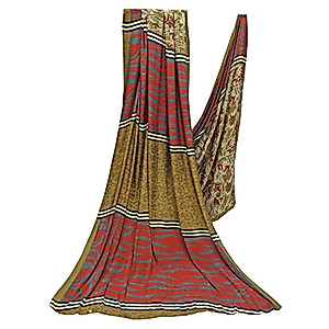 Peegli Indian Women's Crepe Silk Abstract Saree Vintage Green Sari Textile DIY 5 Yards Fabric