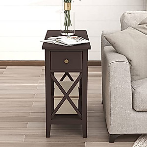 ChooChoo End Table, MDF Material Flip Top Narrow End Table with drawer, Accent Small Side Table Nightstand for Living Room, Bedroom, and Small Spaces - Espresso