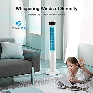 R.W.FLAME Tower Fan with Remote Control,Standing Fan for Office, Oscillation Fan, 3 Wind Modes,Time Settings,LED Display(43", White)