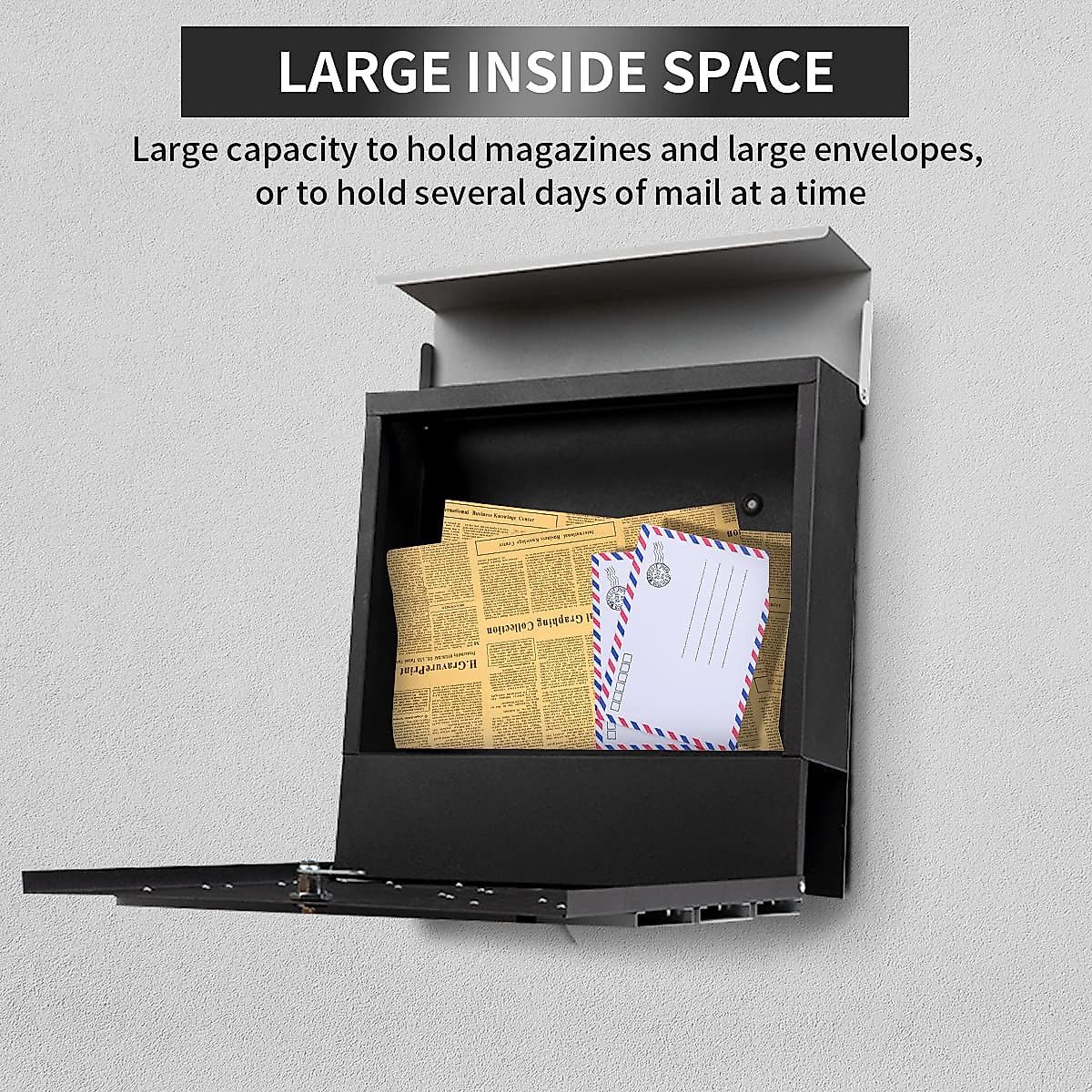 Yoocabinet Mailbox Wall Mount,Large Capacity Locking Mailbox for Outside,Galvanized Steel Cover and Rust-Proof Metal Post Box with Newspaper Holder,14.6"x14.6"x4.3" Silver,MD025S