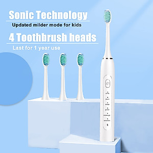 AUWISH Sonic Electric Toothbrush for Kids and Adults with 6 Modes, 4 Medium Brush Heads, Fast Charge, and Timer Reminder, White