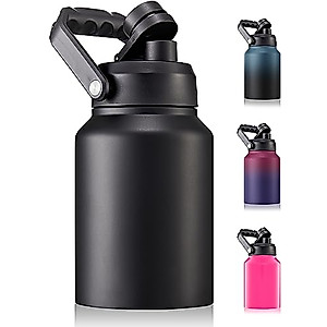 CIVAGO Half Gallon Insulated Water Bottle Jug with Handle, 64 oz Stainless Steel Sports Water Flask, Large Metal Canteen Growler, Black