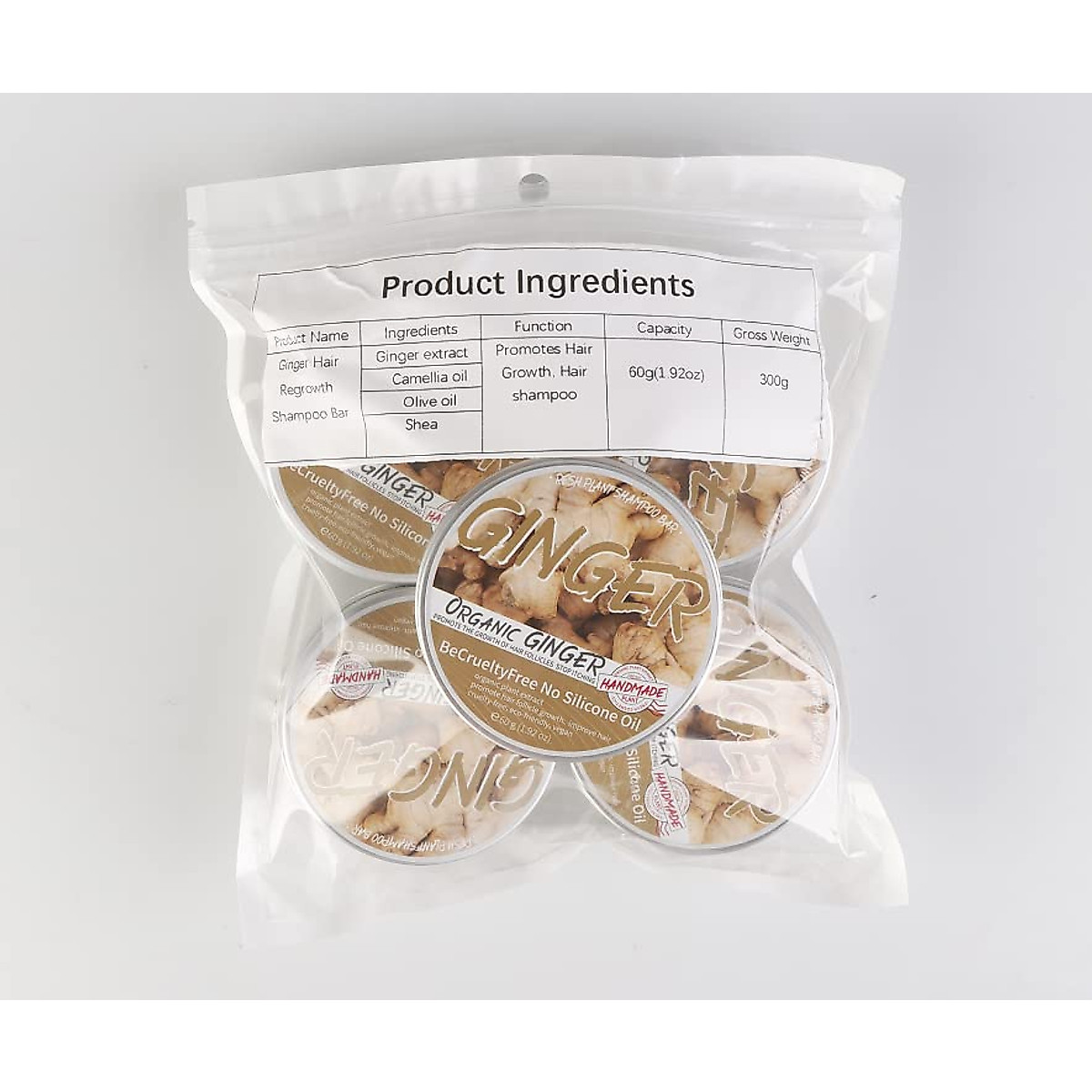 Ginger Hair Regrowth Shampoo Bars - Pack of 5, Promotes Hair Growth, Natural Organic Anti-Dandruff and Anti-Itching Ginger Soap