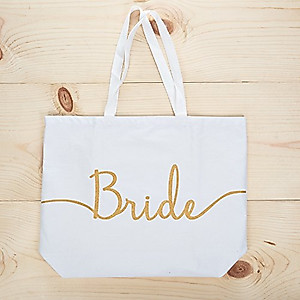 ELEGANTPARK Bridal Shower Gifts for Bride Bag Bride Gifts Wedding Gift for Bride Tote Bag Jumbo Shoulder Bag with Pocket Gold Glitter White 100% Cotton