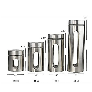 Kitchen Canisters By Home Basics | Retro-Styled For Kitchen Counter | Stainless Steel and Glass | With See-Through Windows (Silver), 4 Pieces, For Flour, Coffee, Sugar, and Dry Ingredients