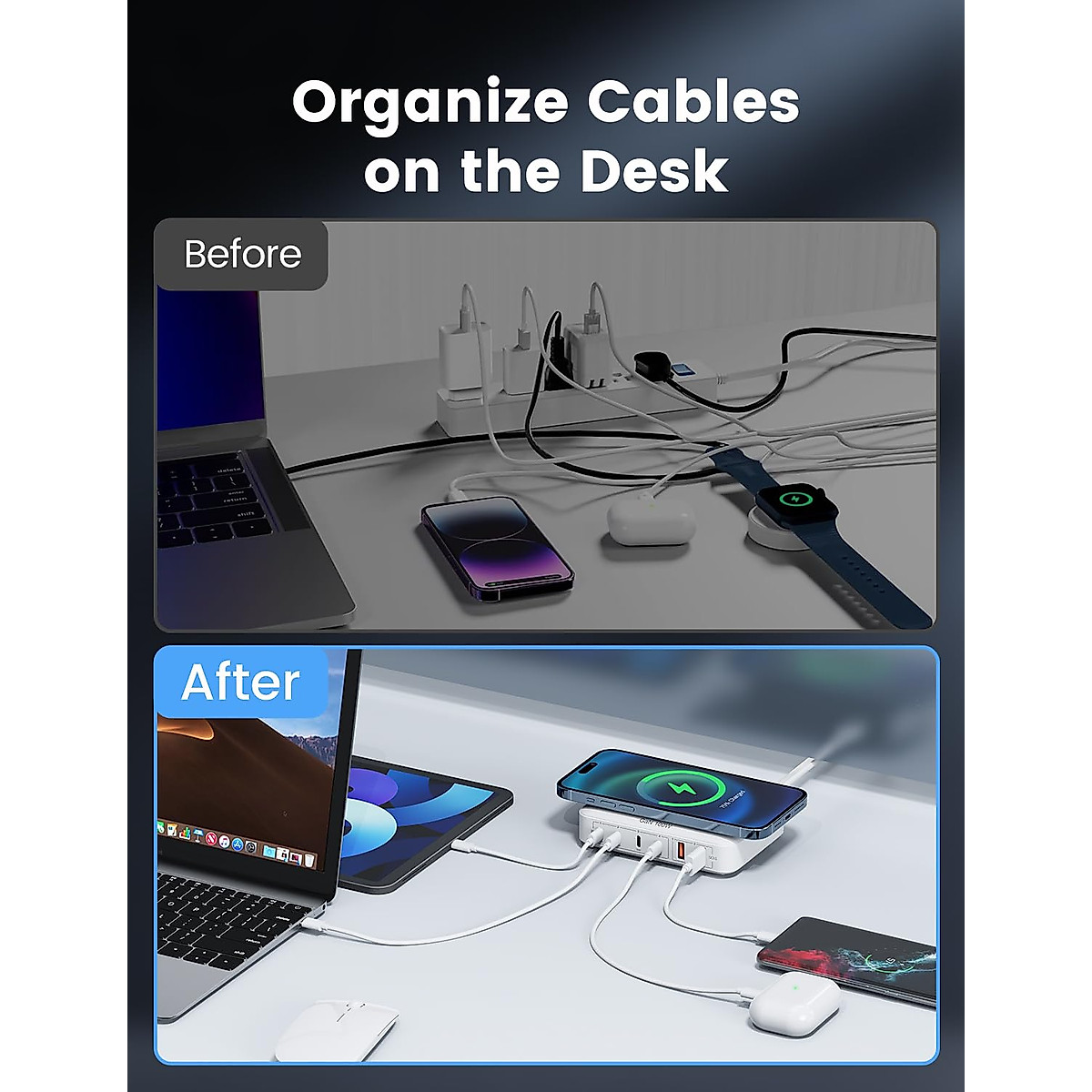 100W USB Charging Station with 15W Wireless Charger, Marnana 6-in-1 Multiple USB Ports(2 USB A and 4 USB C Ports) GaN Desktop Charger for iPhone iPad MacBook Laptop Samsung and Android Devices