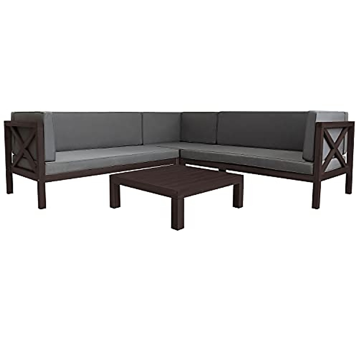 Merax Patio Furniture Sets 4 Pieces, Outdoor Solid Wood Sectional Sofa with Soft Cushions & Coffee Table, Grey