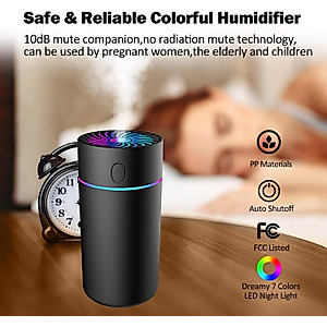 Humidifiers for Bedroom Portable Mini Humidifier with 7-color Lights, Auto Shut-Off Small Desk Humidifier [2 Mist Modes] Super Quiet USB Personal Humidifier for Bedroom, Car, Office, Travel, Plants