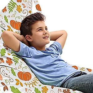Lunarable Autumnal Lounger Chair Bag, Colorful Fall Woodland Items Acorns Leaves Pumpkins Curls and Hearts, High Capacity Storage with Handle Container, Lounger Size, White and Multicolor