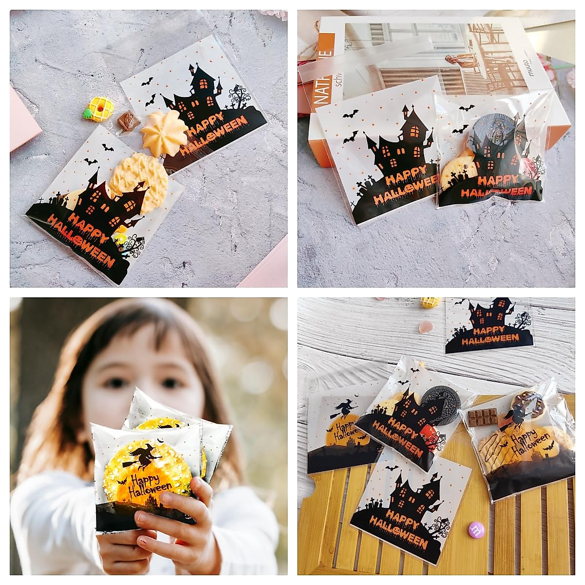 AXYEEUR 100 Pcs Halloween Candy Bags,Halloween Self Adhesive Cookie bags,2 Styles Halloween Clear Cellophane Treat bags for Party Favors Supplies