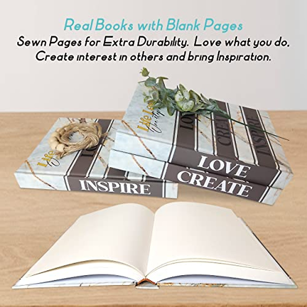 ZOKAEL Decorative Book Decor - Set Includes 3 Hard Cover Books with Love Create Inspire Quote, Decorated with Twine and Beads and A Faux Leaf. A Great Gift Idea