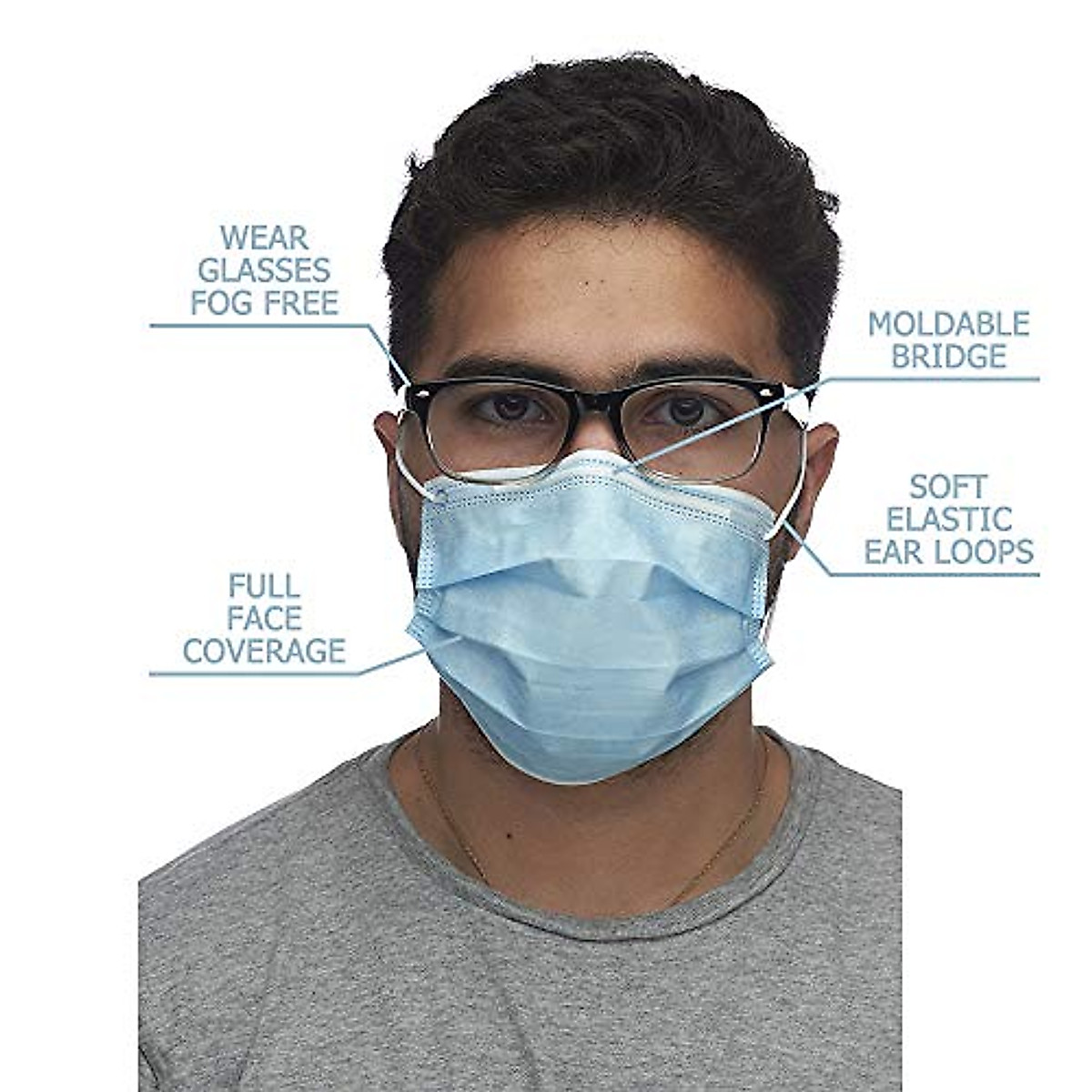 Disposable Face Masks, 3Ply with Adjustable Elastic Earloop, Comfortable Fitting & Easy Breathing, 50 Pcs