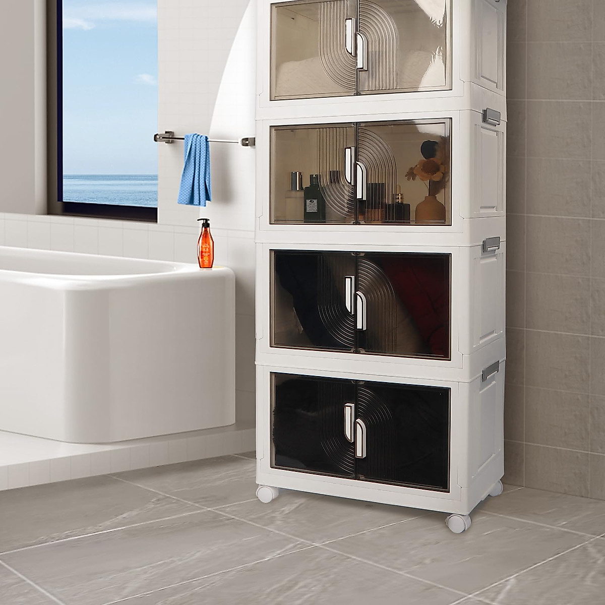 CAIHECAI 4 Tier Folding Storage Bins 195 Quart Plastic Storage BinPlastic Foldable Box with Wheels Storage Containers for Home, Ofiice, Dorm Room Essentials(White)