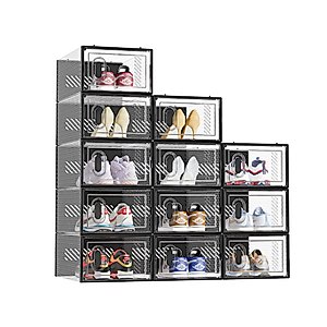 SIMPDIY Shoe Storage, 12 Pack Shoe Organizer for Closet, Shoe Boxes Clear Plastic Stackable Shoe Containers with Lids for Size 10, Black