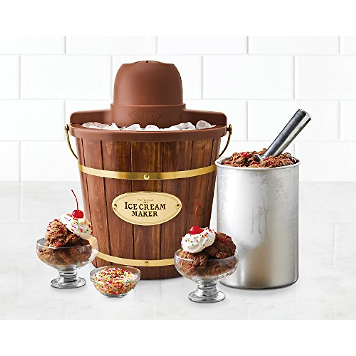 Nostalgia ICMW400BUN Wood Bucket Ice Cream Maker Sample Pack, 4-Qt, Brown