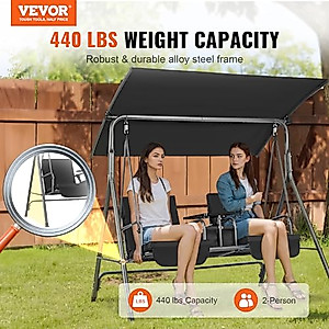 VEVOR 2-Seat Patio Swing Chair, Outdoor Patio Swing with Adjustable Canopy, Porch Swing with Storage Bag and Rotating Tray, Oxford Fabric and Alloy Steel Frame, for Balcony, Backyard, Poolside, Black