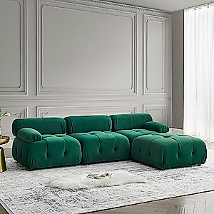 ERYE DIY Combination w/3 Single Seats and Movable Ottoman, Modern Convertible Modular Sofa & Couch Cloud Deep Seater Sofá, 93", Green Velvet Button Tufted