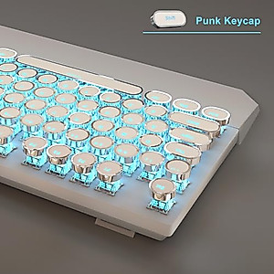 Typewriter Mechanical Gaming Keyboard and Mouse Combo, Retro Punk Round Keycap Blue LED Backlit USB Wired Computer Keyboard for Game and Office, for Windows Laptop PC, Red Switches(White)
