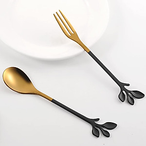 AnSaw 10-Pc Black & Gold Mini Spoons & Forks Set, 4.7" Leaf Handle - Stainless Steel, Ideal for Coffee,Tea, Appetizers, Tastings, Parties, Charcuterie & Cocktails