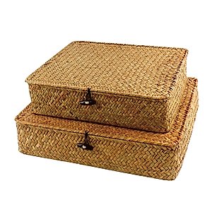 TWIGANDLAKE 2PCS Wicker Woven Storage Bins with Natural Seagrass Rattan Woven Organizer Boxes, Small and Large Wicker Basket Set with Lid for Shelf, Book