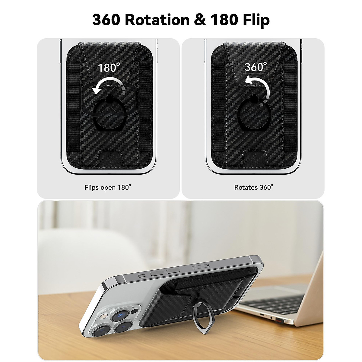 Amzone 3-in-1 Mag Safe Wallet, Leather Wallet with Phone Ring Stand, Mag Safe Wallet with Magnetic Flap for iPhone 15/14/13/12 Series, 7 Card Holder, Carbon Fibre Black