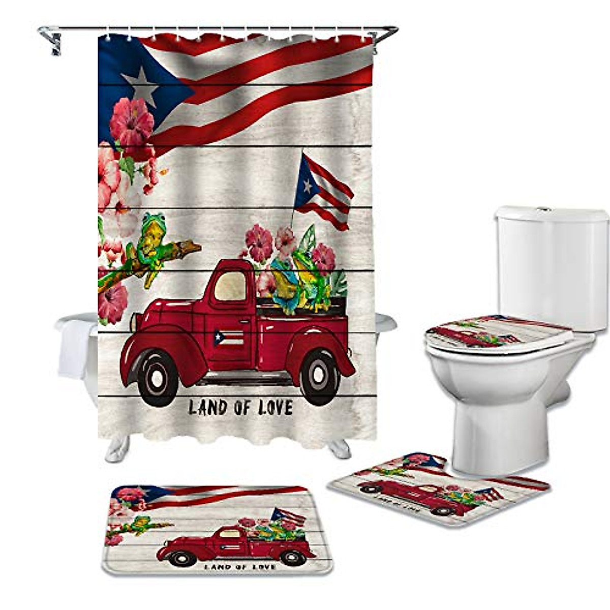 Puerto Rican Flags and Frogs on Board Shower Curtain Sets 4 Pieces with Non-Slip Rugs,Waterproof Bathroom Curtains, Hibiscus Flowers and Truck Decor Bath Mat, Toilet Lid Cover and Floor Door Mat