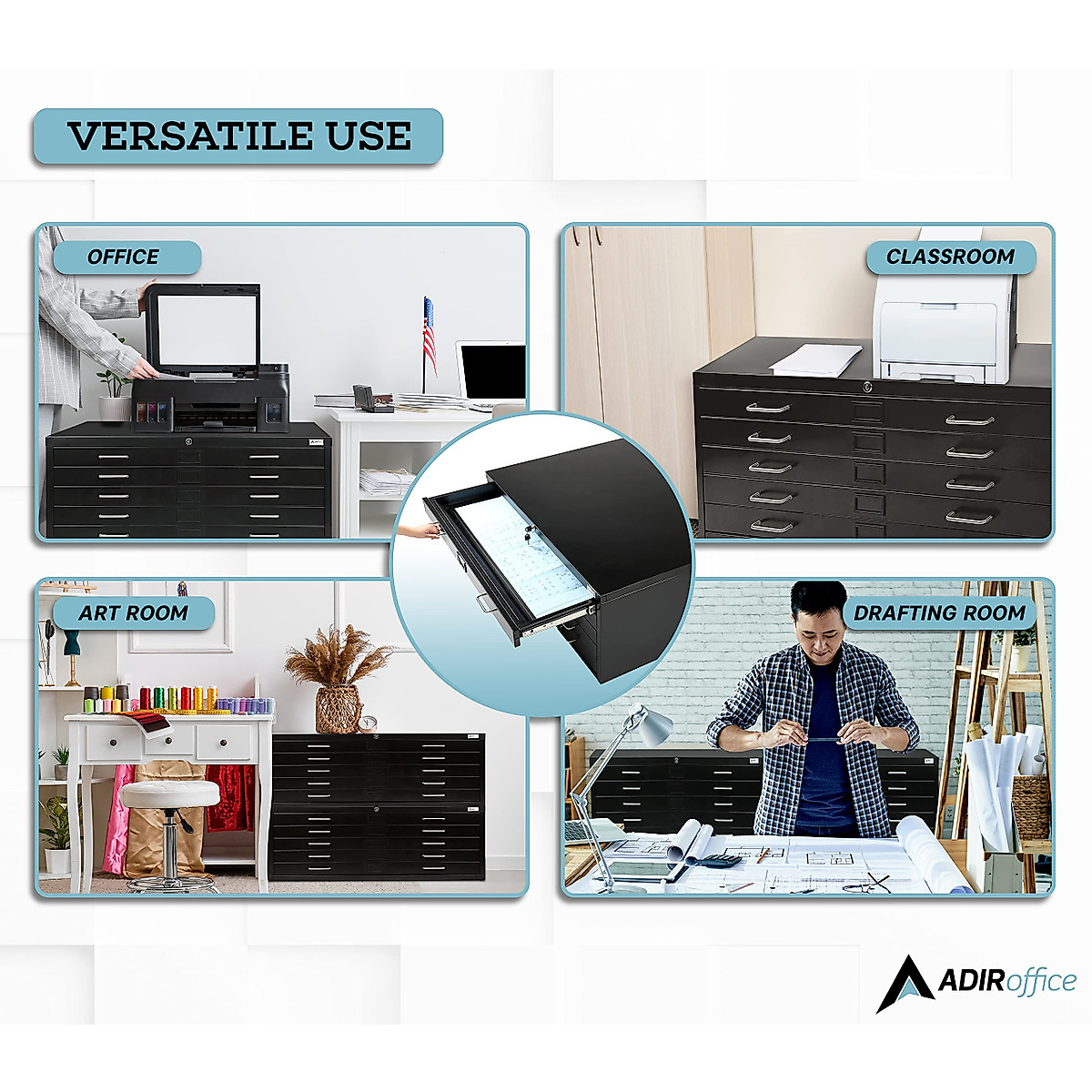 AdirOffice Flat File Cabinet - Heavy Duty 5-Drawer Blueprint Sheets Storage, 35" x 46" Great for Documents Sized 30” x 42”, Ideal for Artists, Art Files, Engineers, Architects, Offices - Black