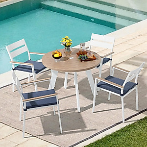 JOIVI 5 Piece Outdoor Dining Set, Aluminum Patio Furniture Dining Table and Stackable Chairs Set for 4 People, 2.05” Umbrella Hole with Wood Grain Tabletop, for Deck, Backyard, Navy Blue Cushions