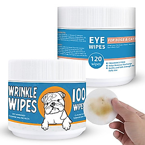 Eye Wipes (120Wipes) + Wrinkle Wipes for Bulldogs(100Wipes) - Clean Wrinkles, Tear Stains, Tail Pockets and Paws