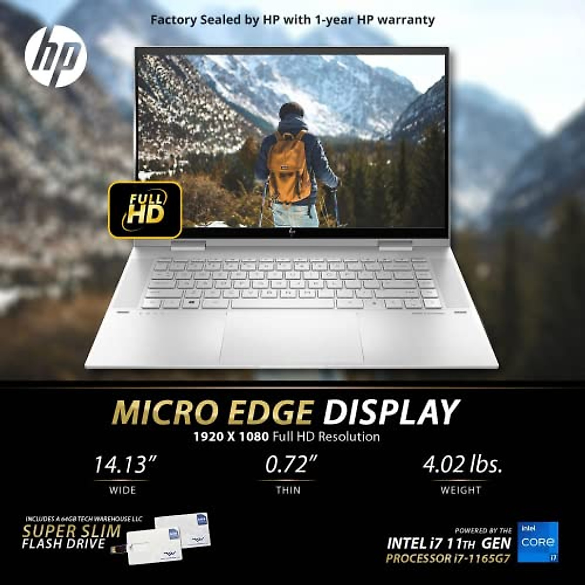 HP Envy 15T x360 Laptop i7-1165G7 11th Gen, 16 GB RAM, 1 TB SSD, 15.6" FHD Touch, Nvidia MX450 2GB, Tilt Pen, B&O Speakers, USB C, HDMI, Win 11 Pro, Silver, 64 GB Tech Warehouse Flash Drive