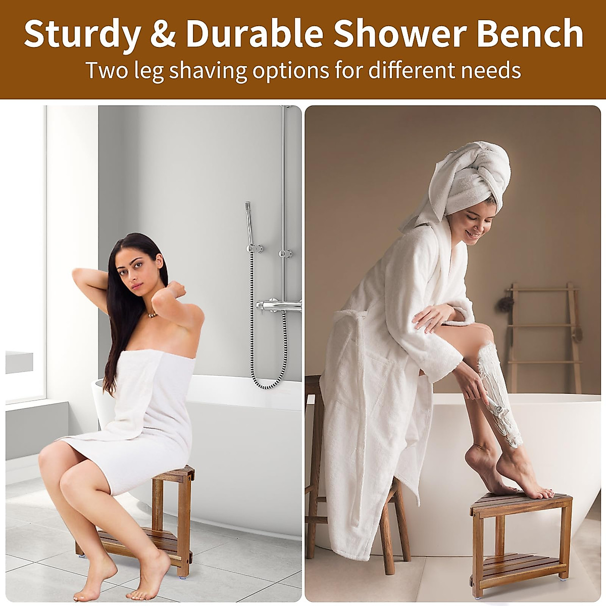 Boulphia Shower Stool for Inside Shower 13.8in, Acacia Wood Shower Foot Rest, Waterproof Shower Stool for Shaving Legs, Corner Shower Stool for Inside Small Shower Spaces