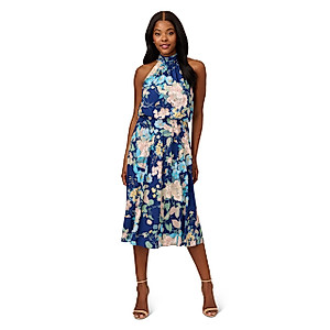 Adrianna Papell Women's Stretch Chiffon MIDI Dress, Blue Multi