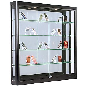 Displays2go Illuminated Showcase for Wall Mount, LED Top Lighting, 4 Tempered Glass Shelves – Black (WC396LEDB)