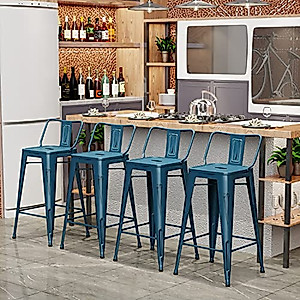Aklaus Metal Bar Stools Set of 4 Barstools Bar Height Bar Stools with Back Industrial Bar Stool Indoor Outdoor Stools Kitchen Dining Chairs Modern Bar Chairs Distressed Navy Blue 30inch Stools