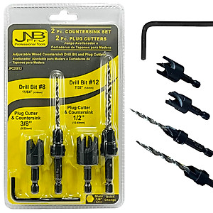 JNB Pro Wood Countersink Drill Bit Set & Wood Plug Cutters-2 Pc Adjustable Countersink Bit #8(7/64") #12(7/32") and 2 Wood Plug Cutters Dowel Cutter 3/8" & 1/2" Diameter-1 Hex Wrench-1/4" Quick Change