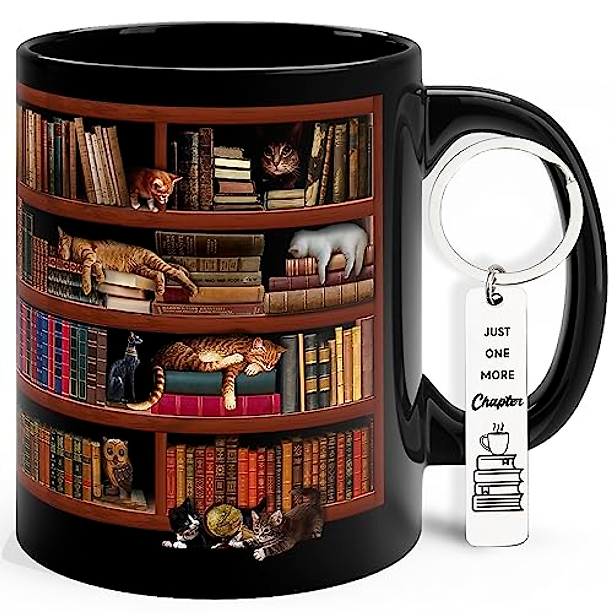 Kovan Library Bookshelf Mug Book Lovers Coffee Mug Library Mug for Cat and Book Lover Book Coffee Mug Book Mug Bookworm Mug Book Club Cup - Gifts for Readers Bookish Black Mug 11Oz With Keychain
