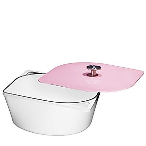 Bruntmor 3 Quart Cast Iron Enameled Dutch Oven - Modern Squoval Design - Nonstick Seasoned Pot with Stainless Steel Knob - Ideal for Christmas/Thanksgiving Dinner - White with Pink Lid
