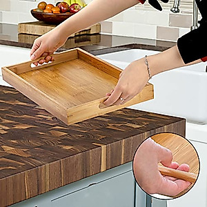 Jucoan 3 Pack Bamboo Serving Tray Kitchen Food Tray with Handles, Rectangle Wooden Food Serving Platters for Breakfast Dinner Snack Drinks, Large Medium & Small Serving Tray for Dinners Party, Tea Bar