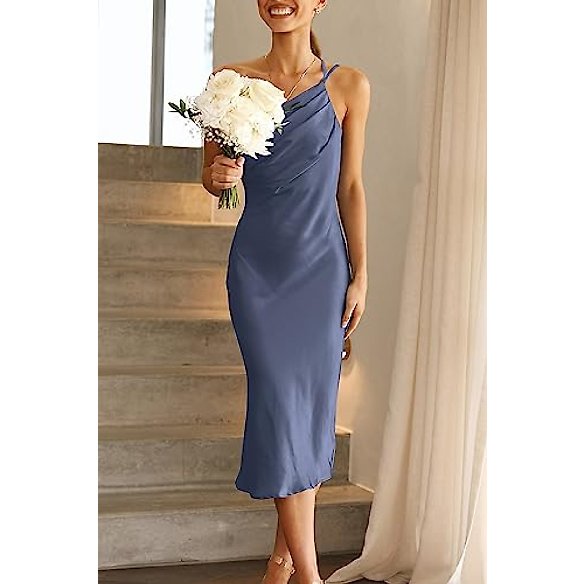 PRETTYGARDEN Women's Midi Satin Dress One Shoulder Spaghetti Strap Backless Ruched Summer Bodycon Dresses (Dark Grey Blue,Small)