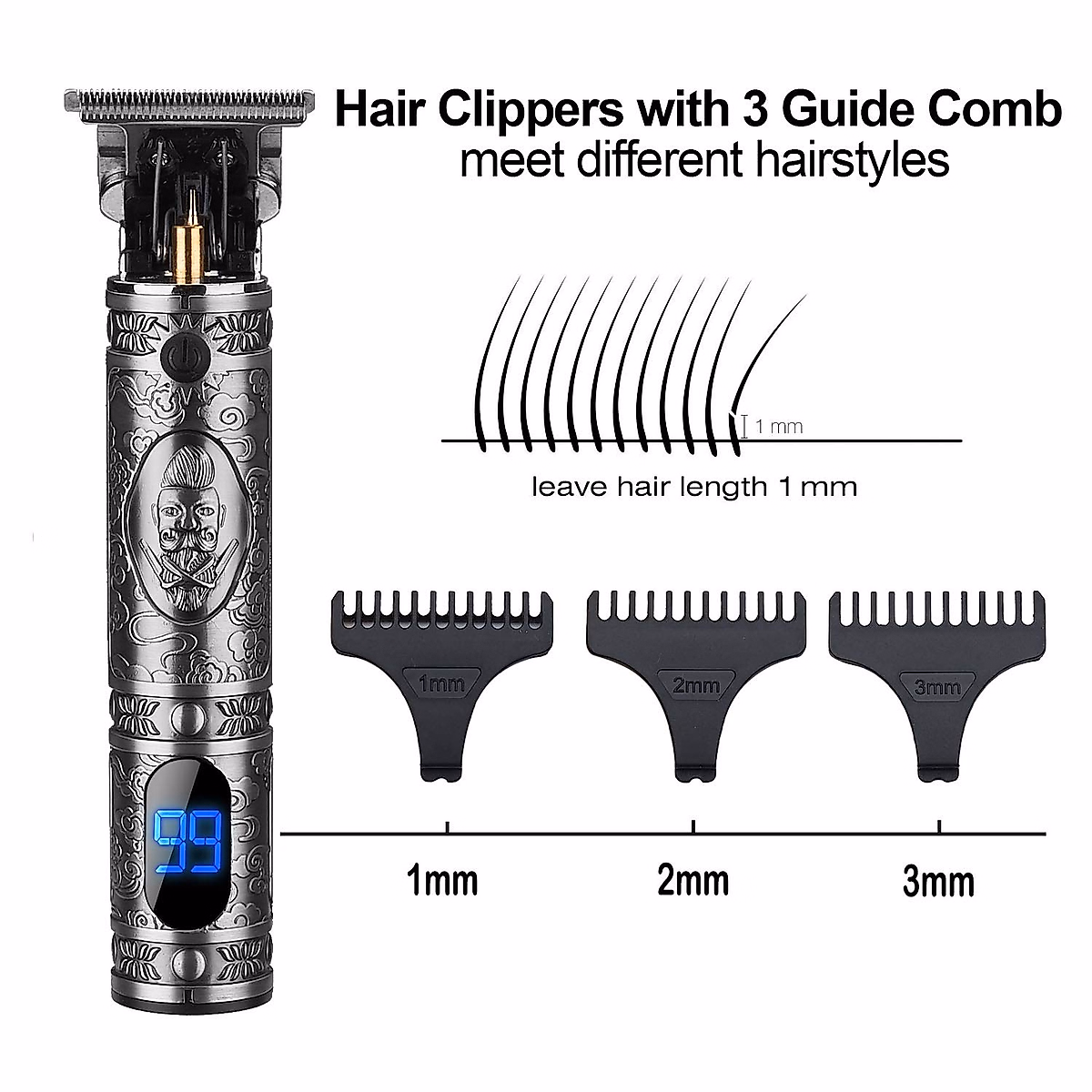 Suttik Hair Trimmer for Men, Professional Hair Clippers for Barber, Beard Trimmer for Men, Cordless Edgers Clippers, Ornate Knight T-Blade Close Cutting Trimmer with LCD, Gray
