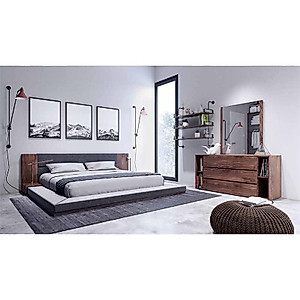 Limari Home Cimarron Collection Modern Fabric Upholstered Walnut Veneer Finished Platform Bed with Built-In Nightstands, Queen, Gray, Brown