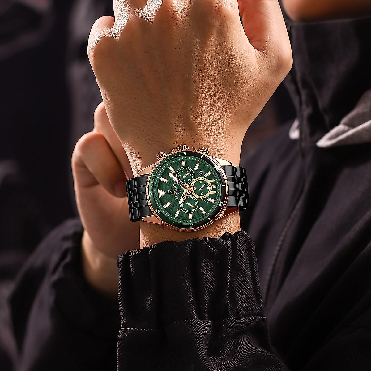 REWARD Mens Wrist Watches Fashion Round Dial Business Date Chronograph Luminous Waterproof Big Face Watch for Men Green Black