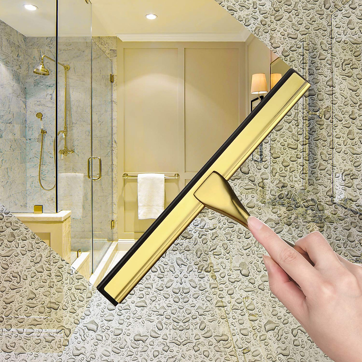HIWARE All-Purpose Shower Squeegee for Shower Doors, Bathroom, Window and Car Glass - Brass, Stainless Steel, 10 Inches